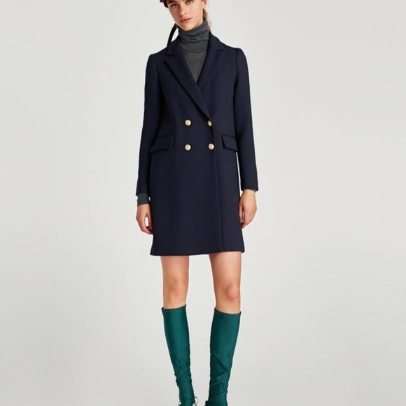 Zara | Jackets & Coats | Zara Navy Blue Double Breasted Wool Blend Coat ...